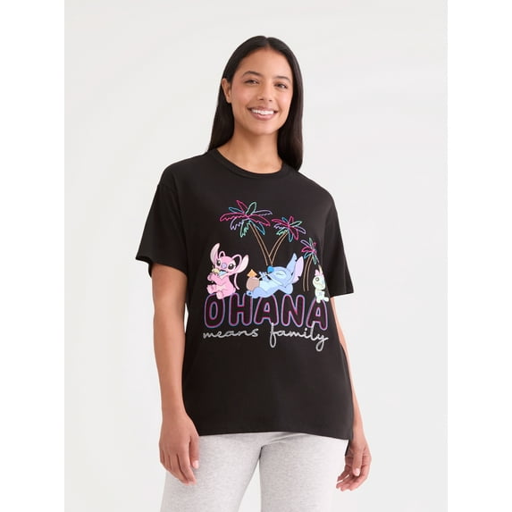 Disney Stitch and Angel Graphic T-Shirt for Women Embroidered Crewneck ...