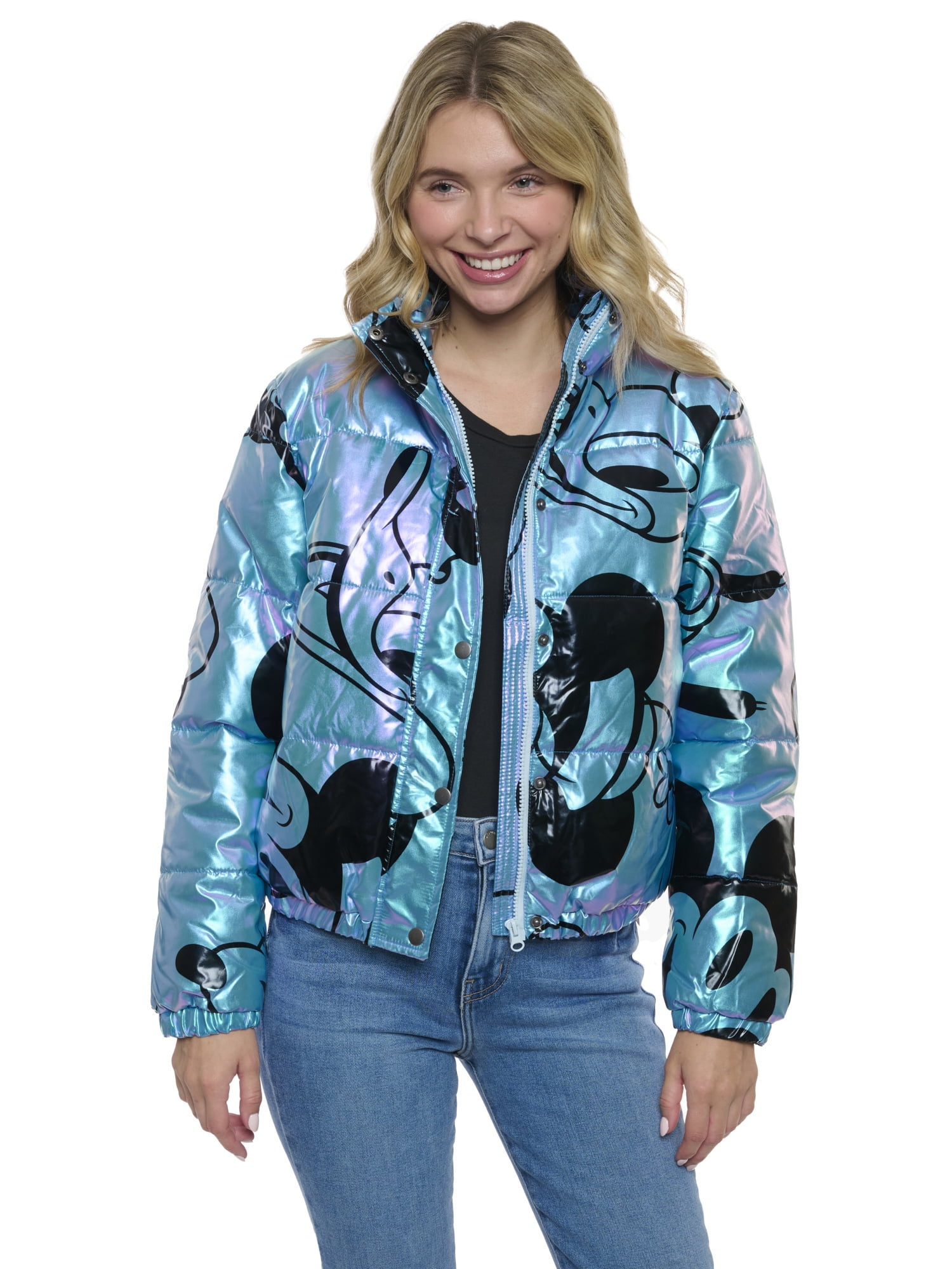 Disney Womens Puffer Jacket Shiny Iridescent Mickey Minnie Goofy Donald ...