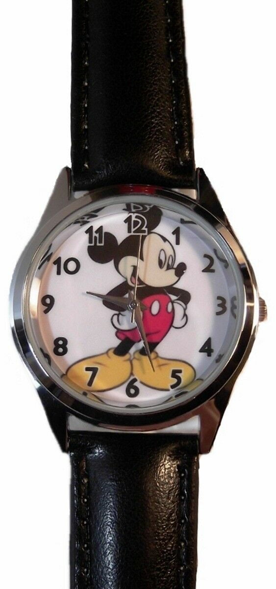 Disney's Adult Mickey Mouse Black Genuine Leather Band Wrist Watch with ...