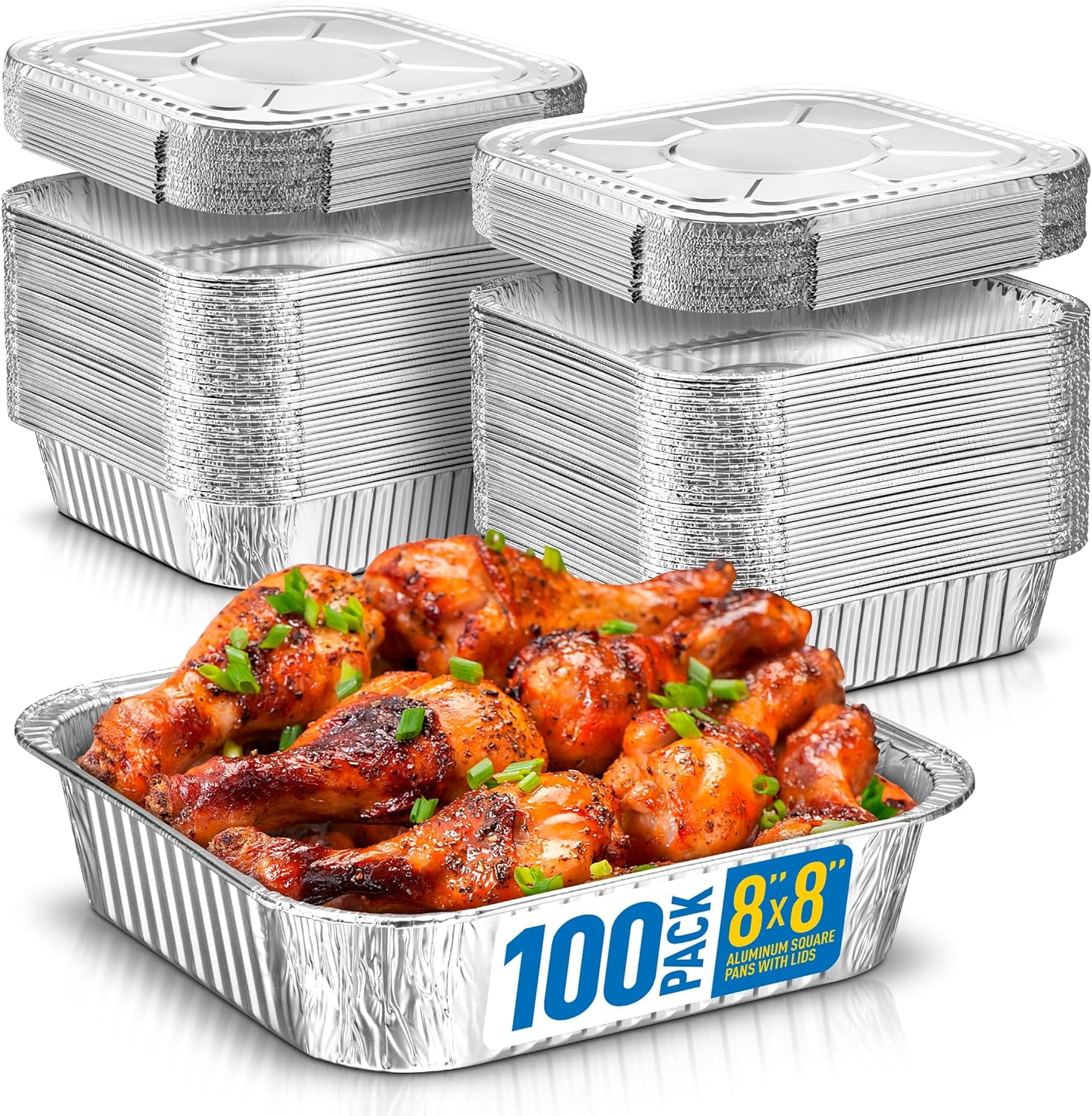 "Displastible 8x8"" Throw Away Aluminum Pans With Lids (100 Pack ...