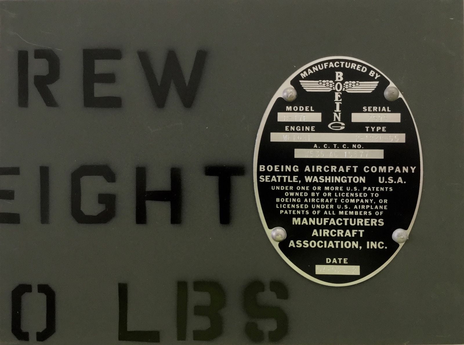 Display- B-17 Flying Fortress Data Plate Mounted on Aircraft Aluminum ...