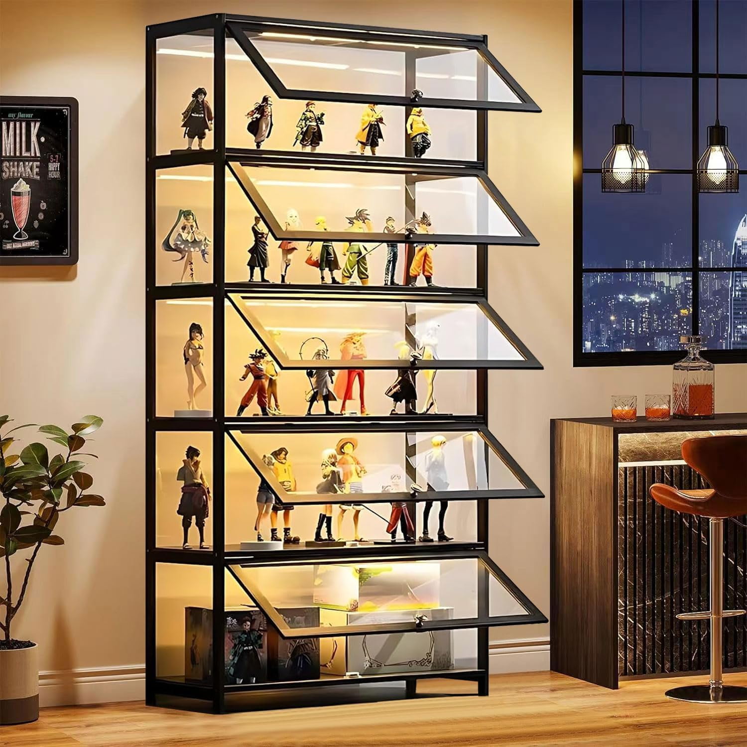 Display Cabinet with Acrylic Doors, 5-Tier Bamboo Curio Display Case ...