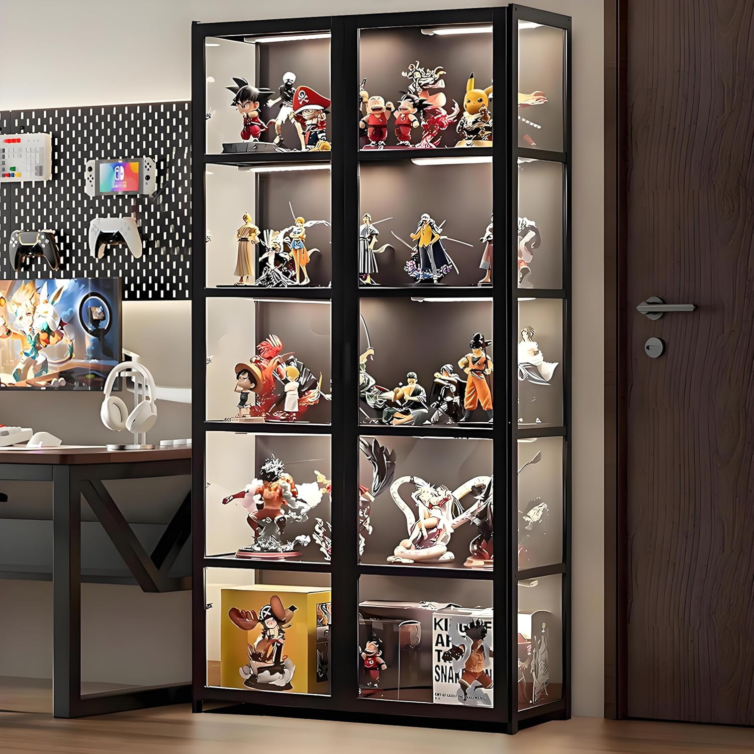 Display Cabinet with Acrylic Doors, 5-Tier Bamboo Curio Display Case for Figures - Display ...