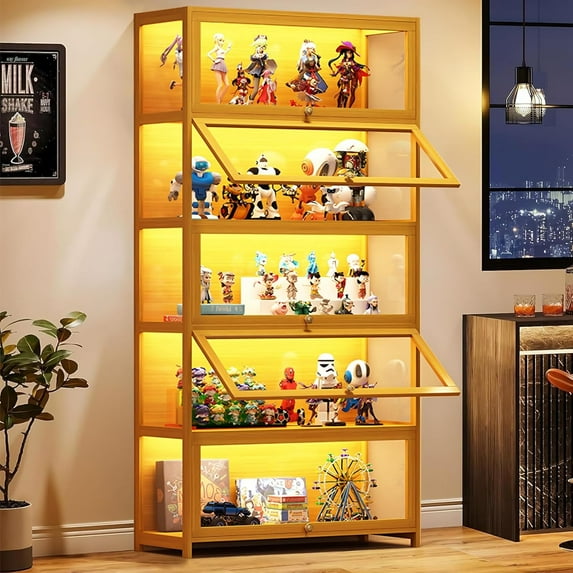 Display Cabinet with Acrylic Glass Doors, 5-Tier Transparent Bamboo ...