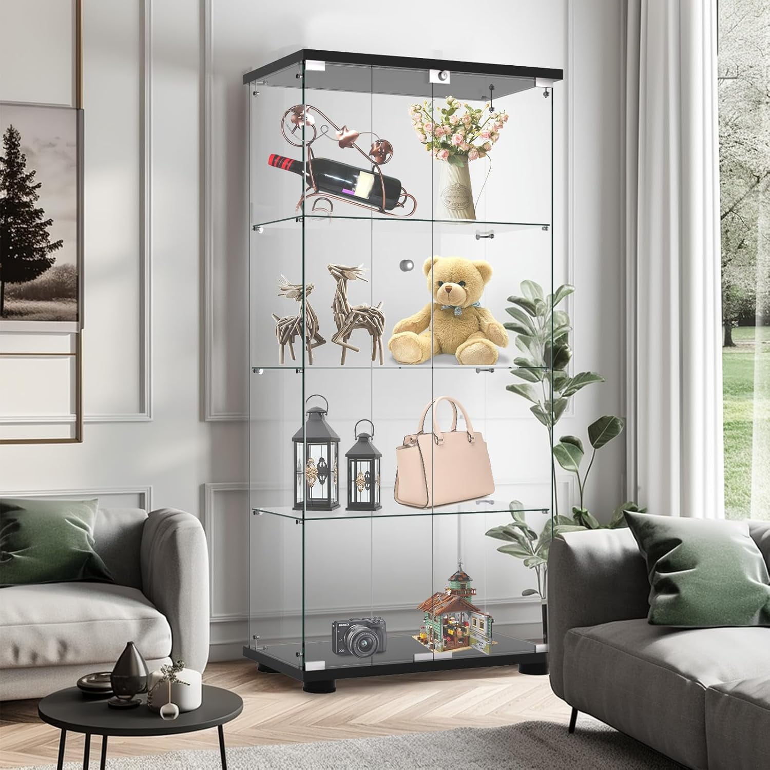 Display Cabinet with Glass Door and Lock, 4-Shelf Fast Installation in ...