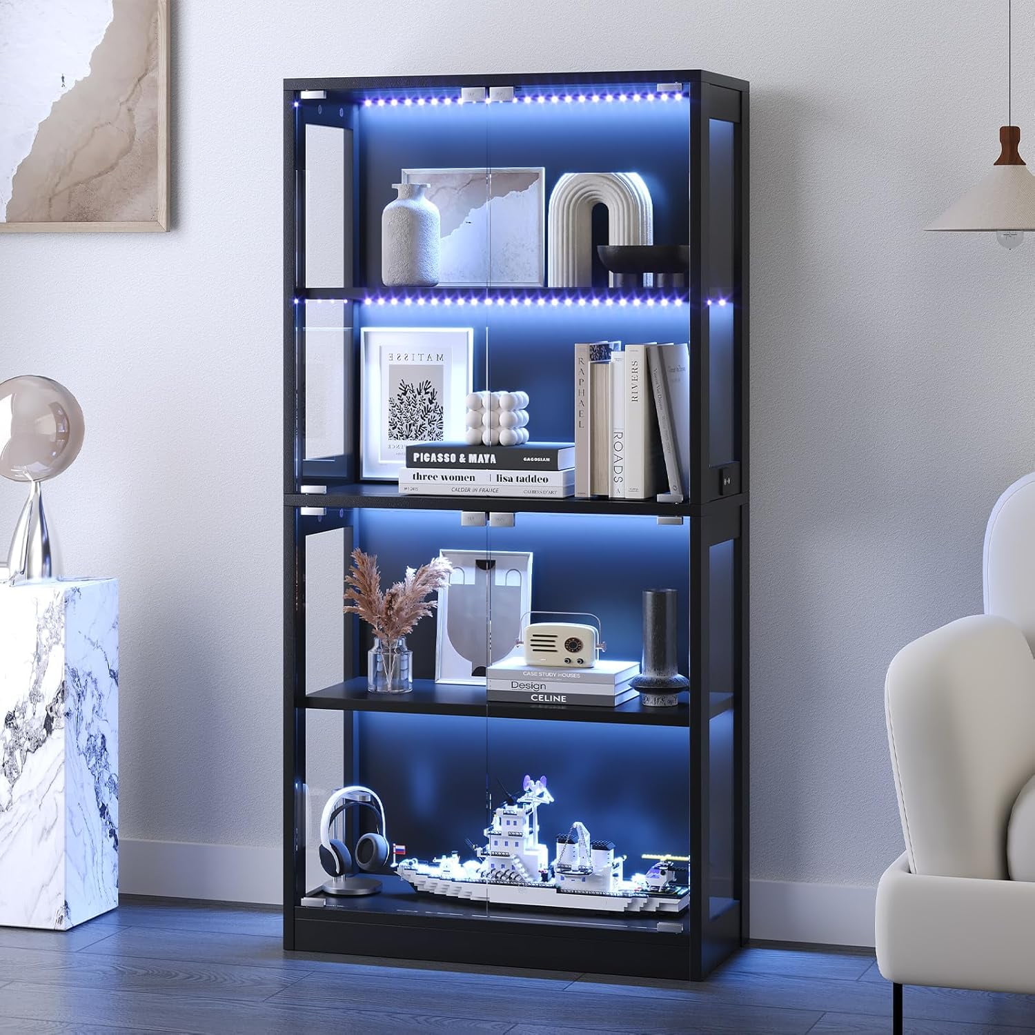 Display Cabinet with Glass Doors 4-Tier, 7 Vibrant Colors 3 Dynamic ...