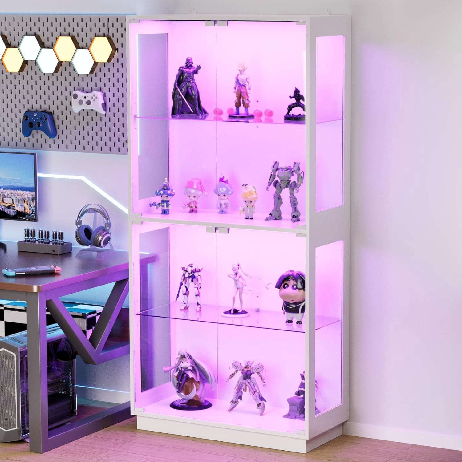 Display Cabinet with Glass Doors 4 Tier Glass Display Case with RGB LED ...