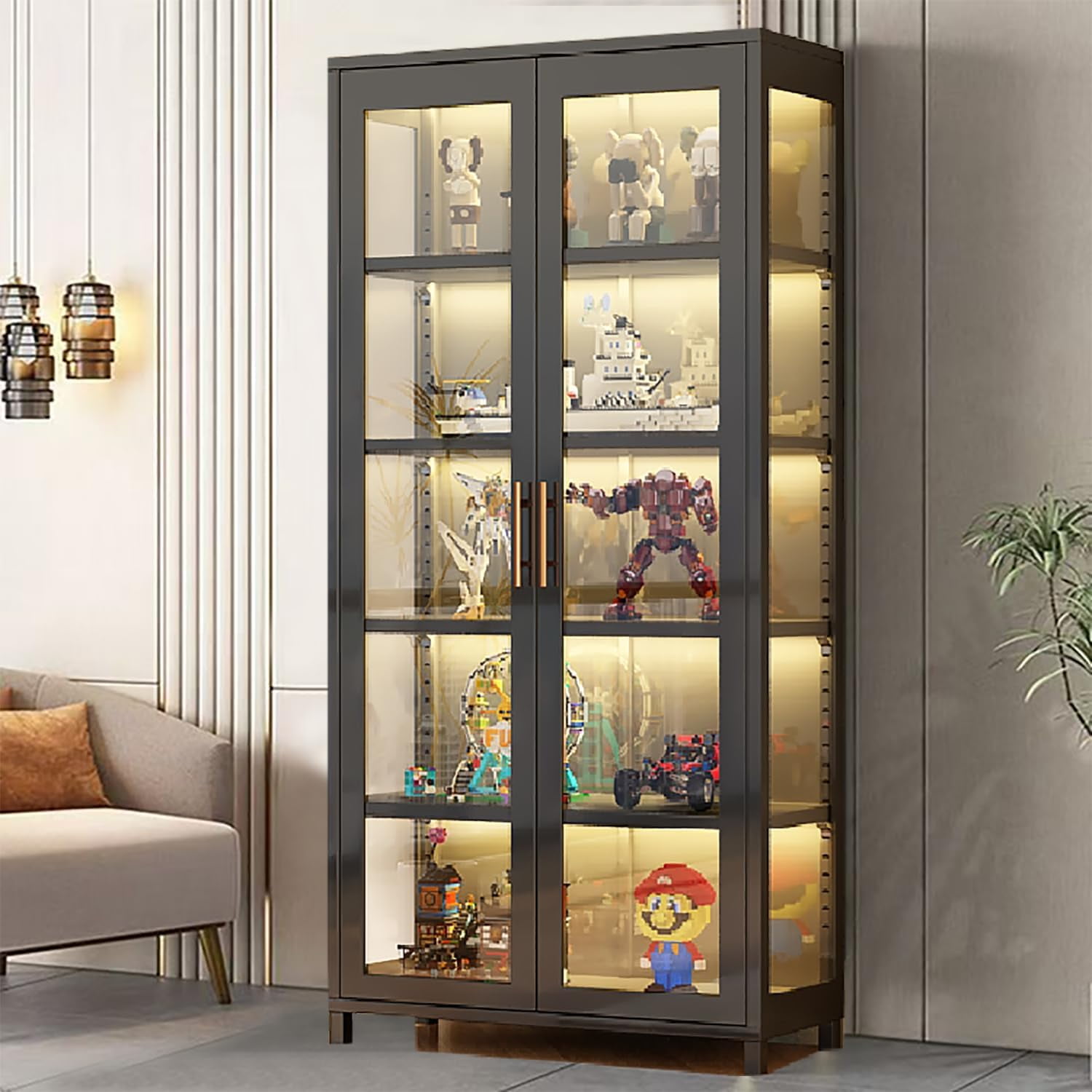 Display Cabinet with Glass Doors, 5-Tier Metal Curio Cabinet, Glass ...