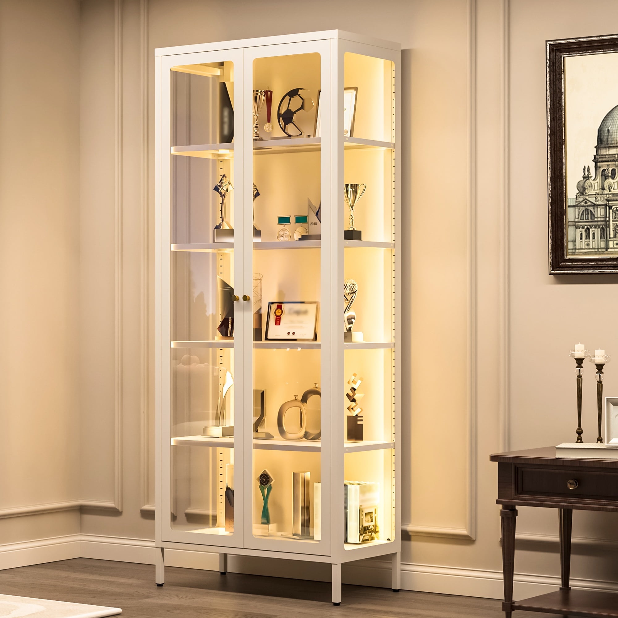 Display Cabinet with Glass Doors, 5-Tier Storage Shelves with 3-Side ...