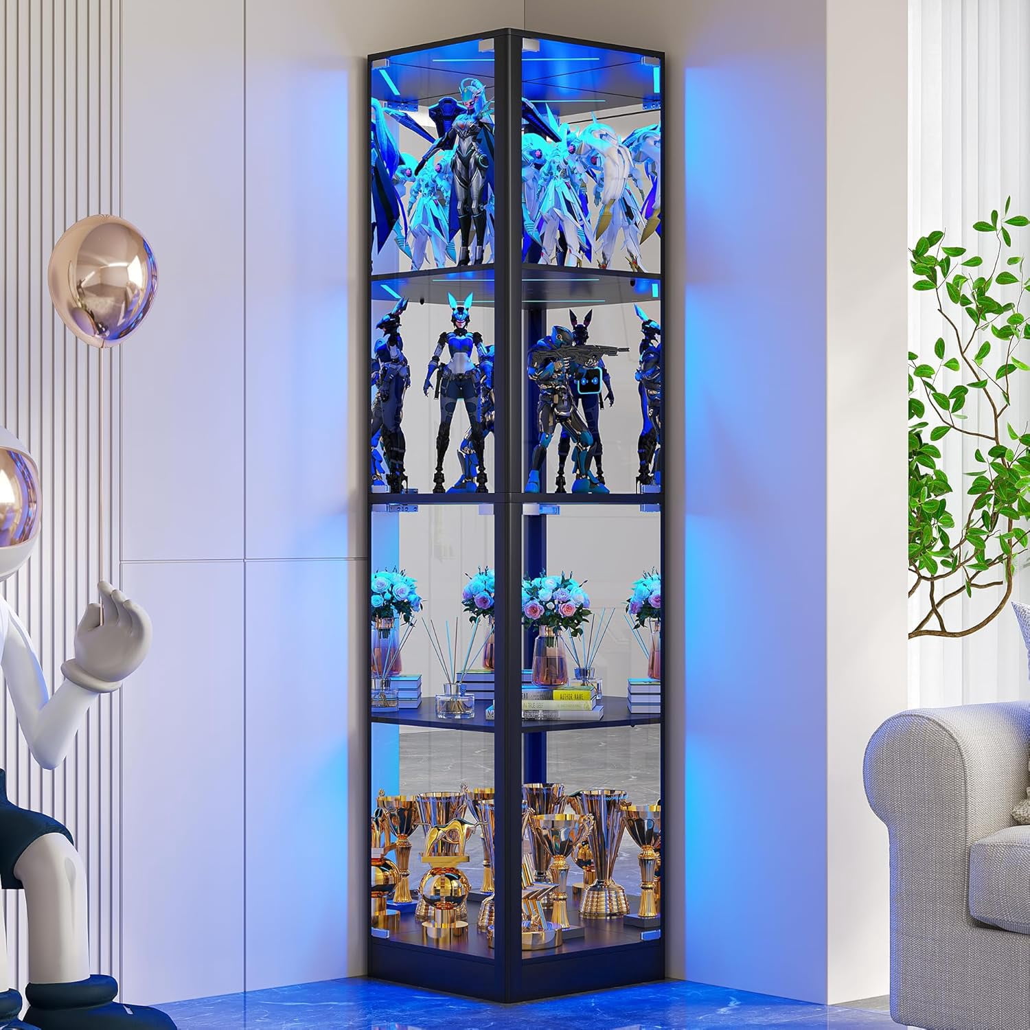 Display Cabinet with Glass Doors, 68" Corner Curio Cabinets with LED ...