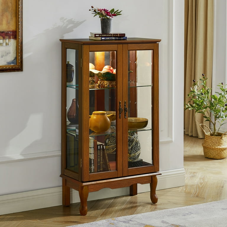 Display Cabinet With Adjustable Shelves Mirrored Back Panel Tempered Glass Doors Curio Cabinet Glass Display Cabinet For Living Room Bathroom Laundry