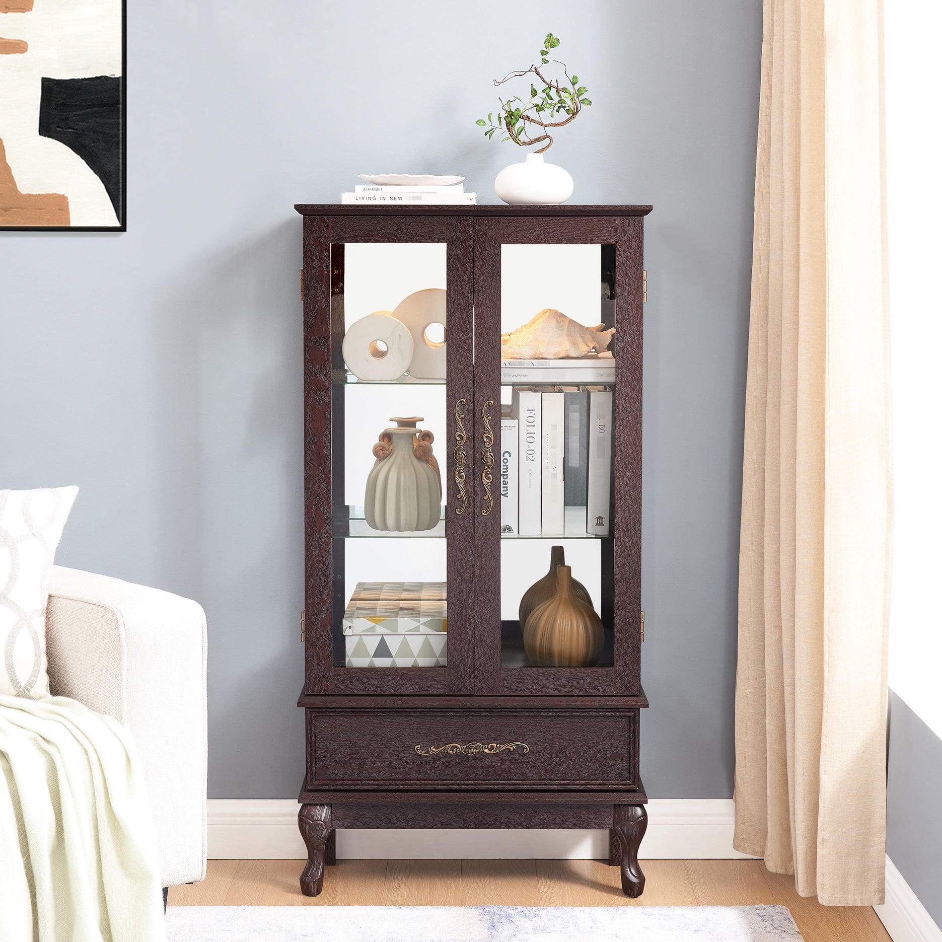 Display Cabinet with Drawer | Lighting for Visual Appeal | Cherry Main Color | Adjustable ...