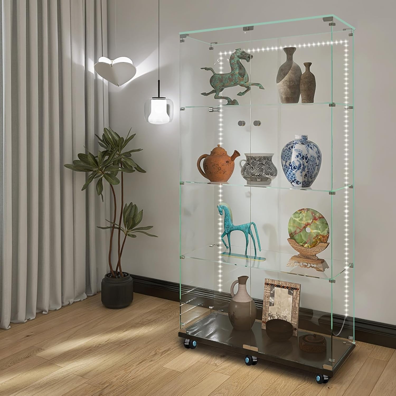Display Cabinet with Glass Doors,4 Shelves Glass Curio Cabinet with LED ...