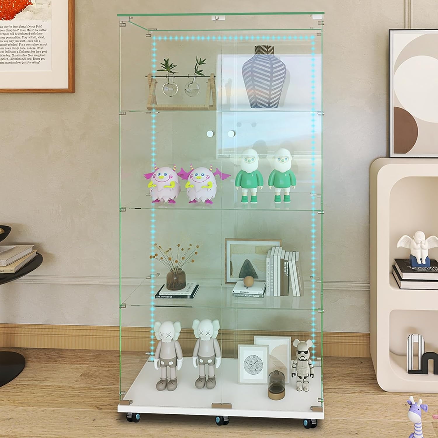 Display Cabinet with Glass Doors,4 Shelves Glass Curio Cabinet with LED ...