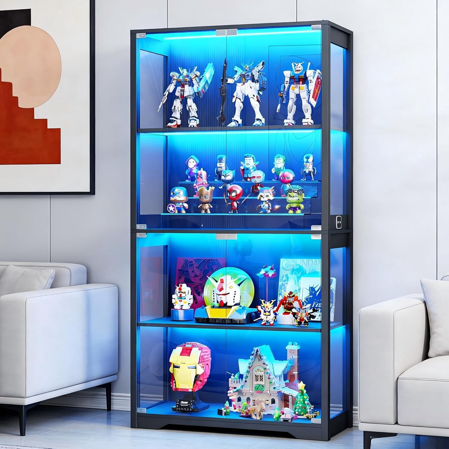 Display Cabinet with Glass Doors, Curio Cabinet with 3 LED Lights and ...