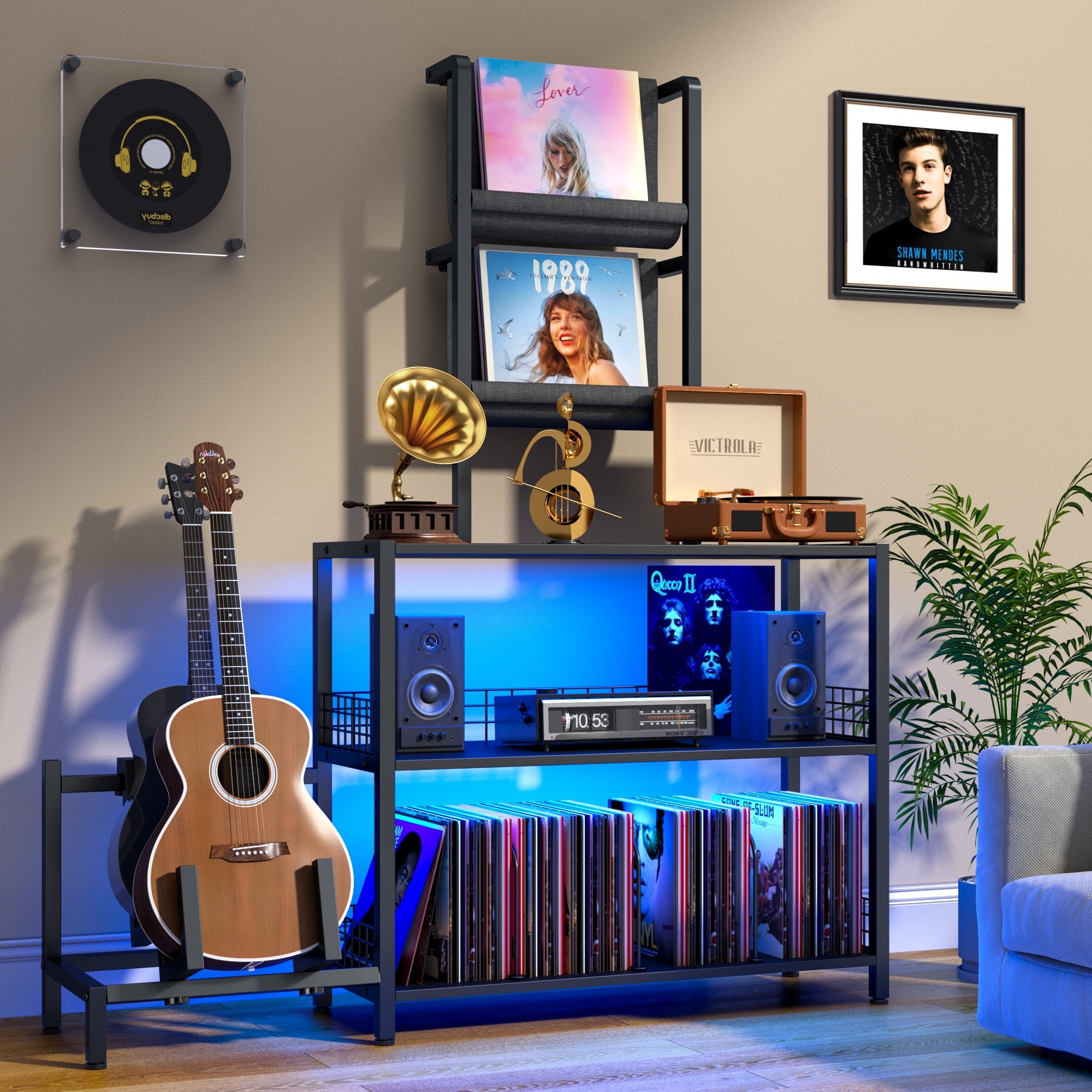 Display Shelf Bookshelf with RGB Lighting, Wooden Curio Cabinet Floor ...