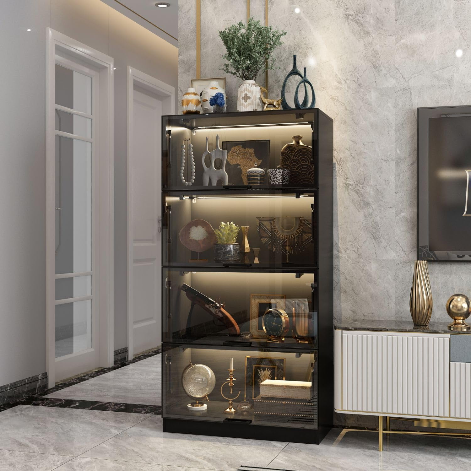 Display Shelf Cabinet with Flip-Up Glass Doors & Lights, Display Case ...