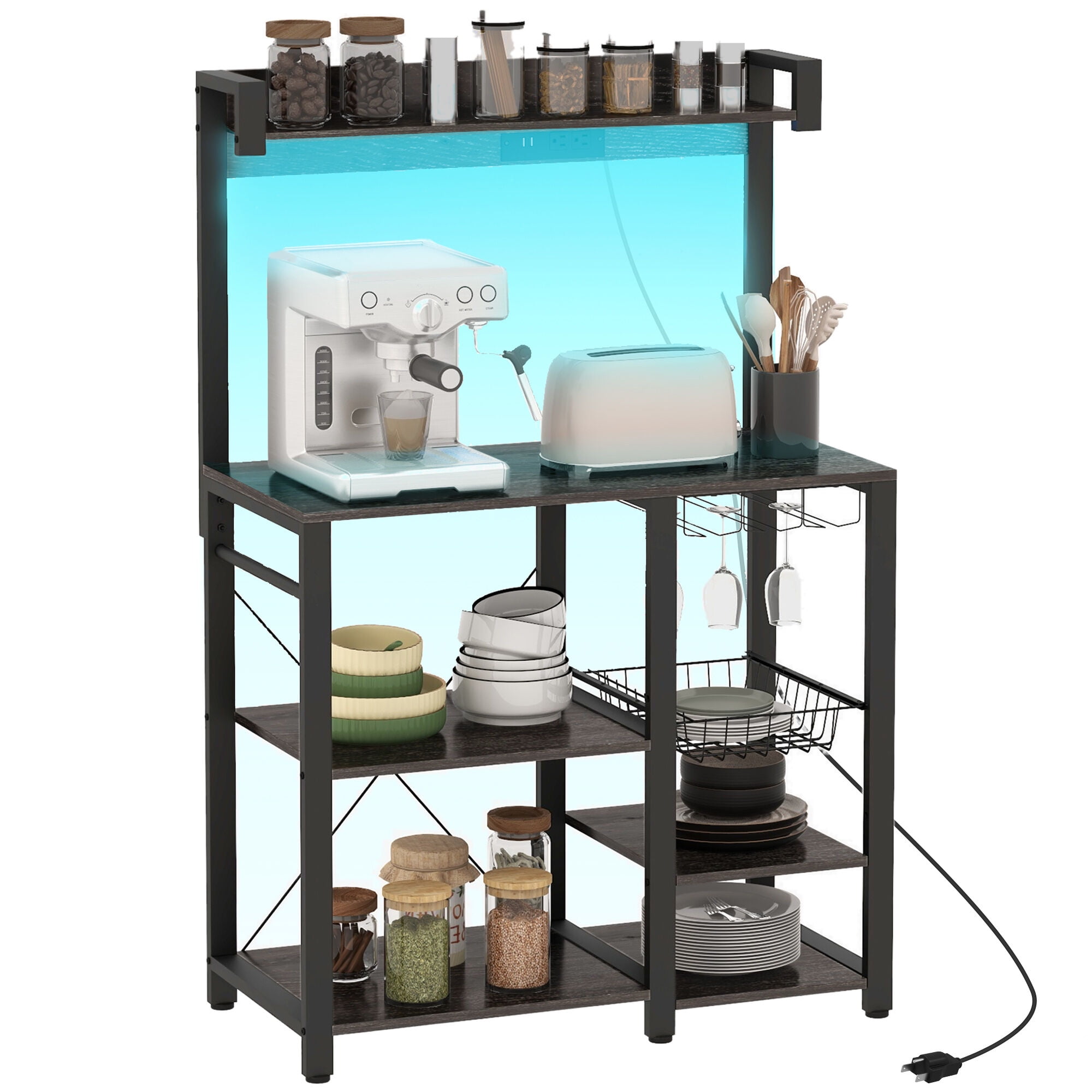 Display Shelves HOMCOM Baker's Rack with Power Outlet and LED Lights ...