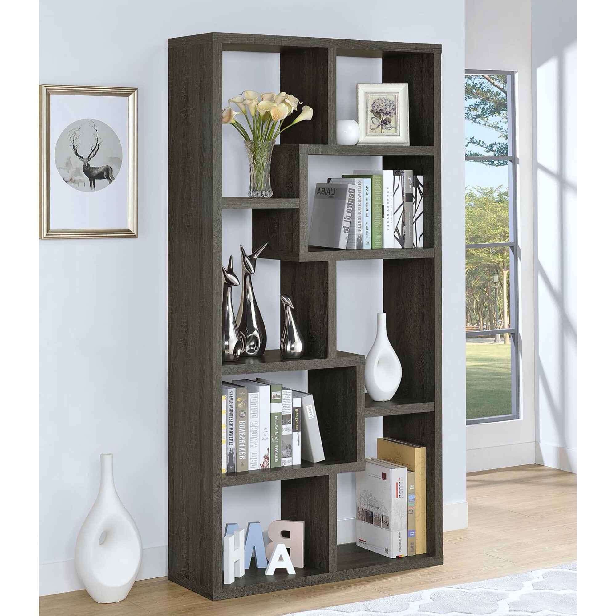 Display Shelves, Weathered Grey 8-shelf Bookcase, Grey Wooden Display ...