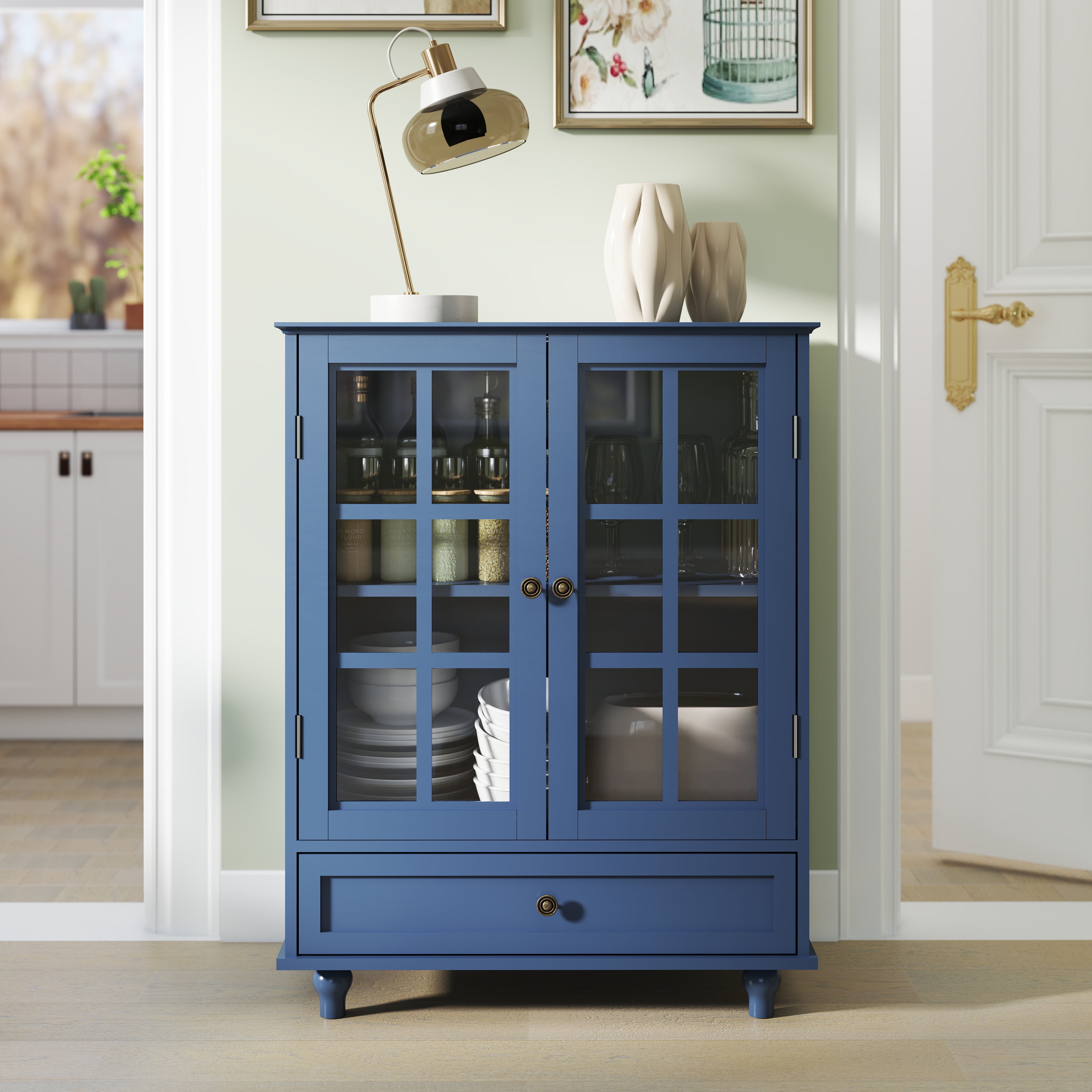 Display Storage Cabinet with 2 Glass Doors, Modern Wood Curio Cabinet ...