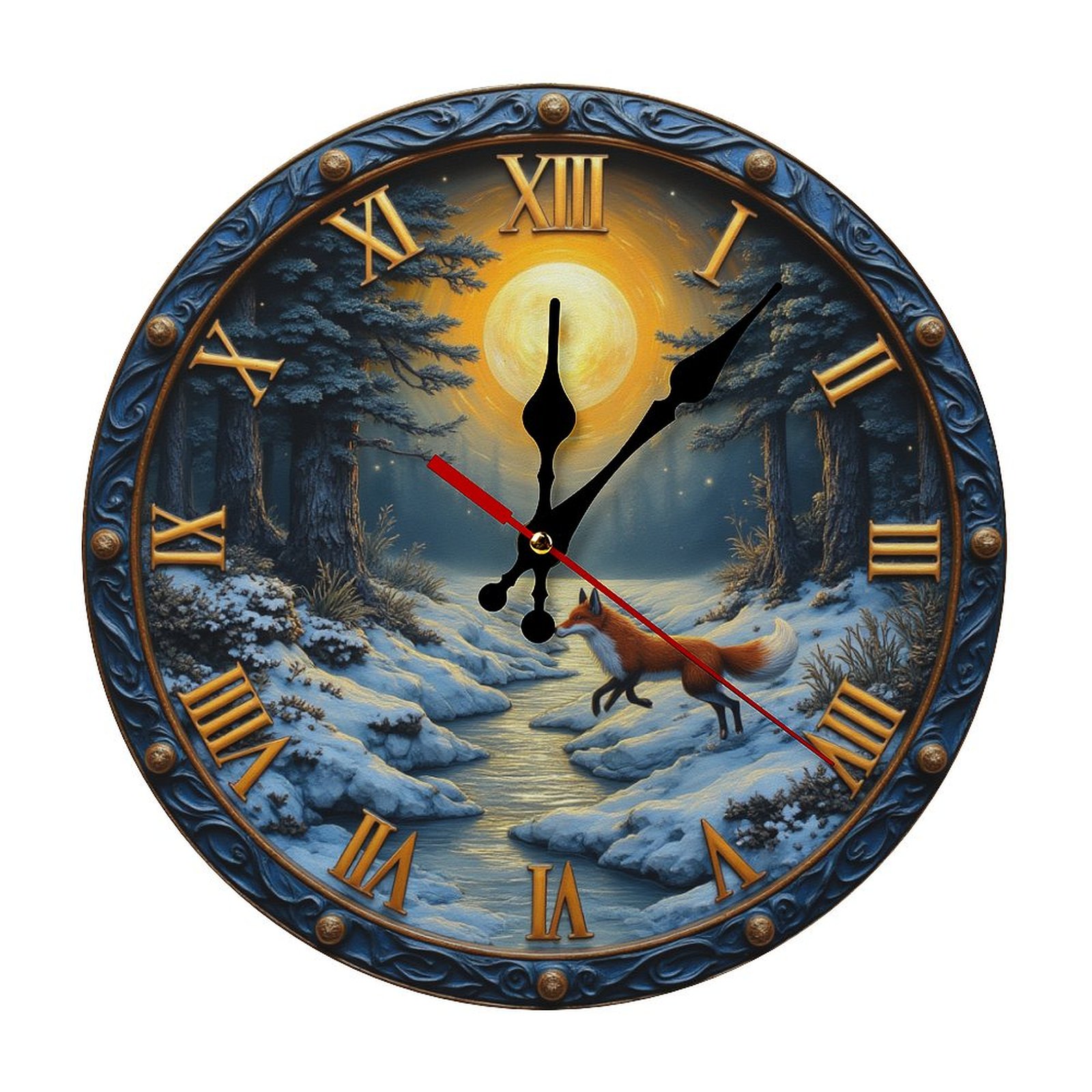 Displays a fox running in a snowy, forest - like scene under a full ...