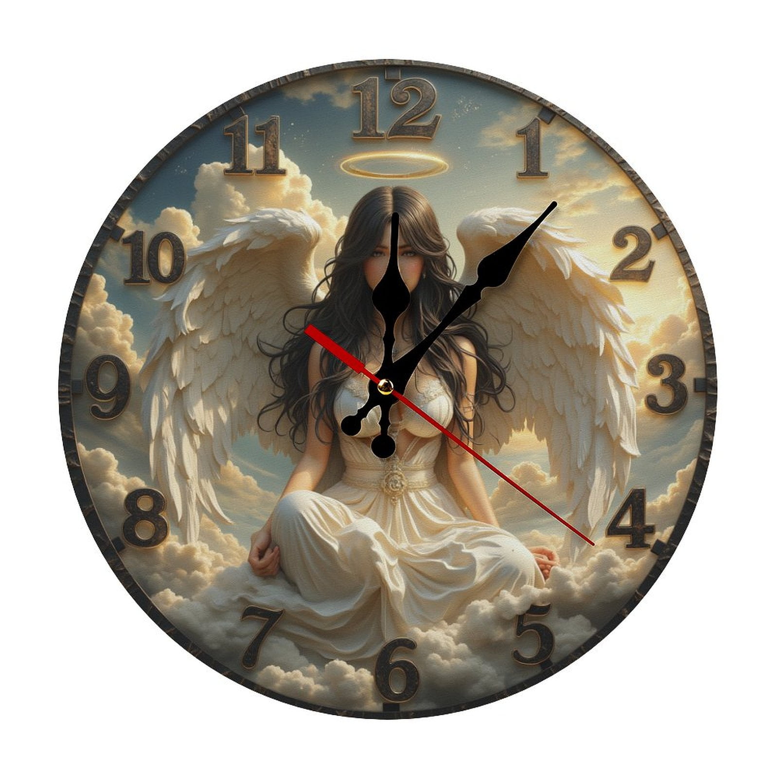 Displays an angelic figure with large wings, sitting amidst clouds on a ...