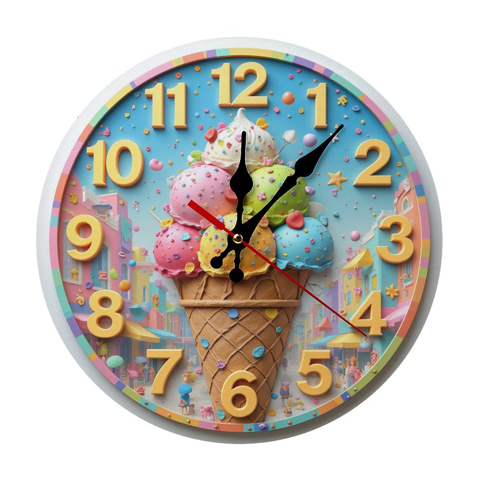 Displays a large ice - cream cone with colorful scoops against a pastel ...