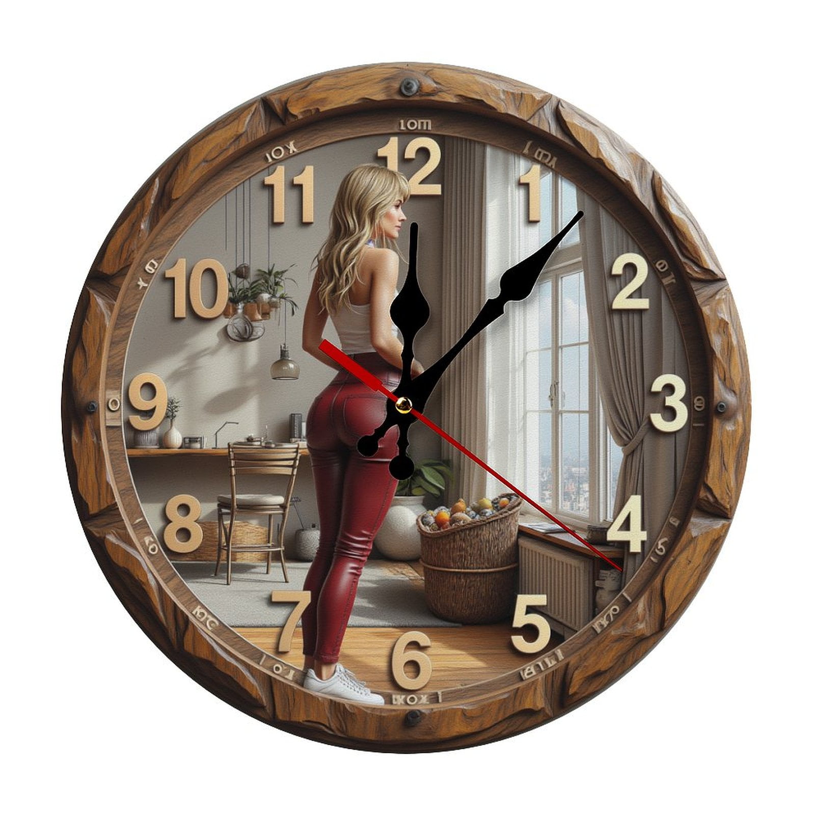 Displays a person in a brown sweater with long hair, set against a pink ...