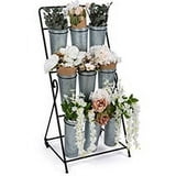 Displays2go 50" H 3-Tier Silver Rolling Flower Rack with 9 Galvanized ...