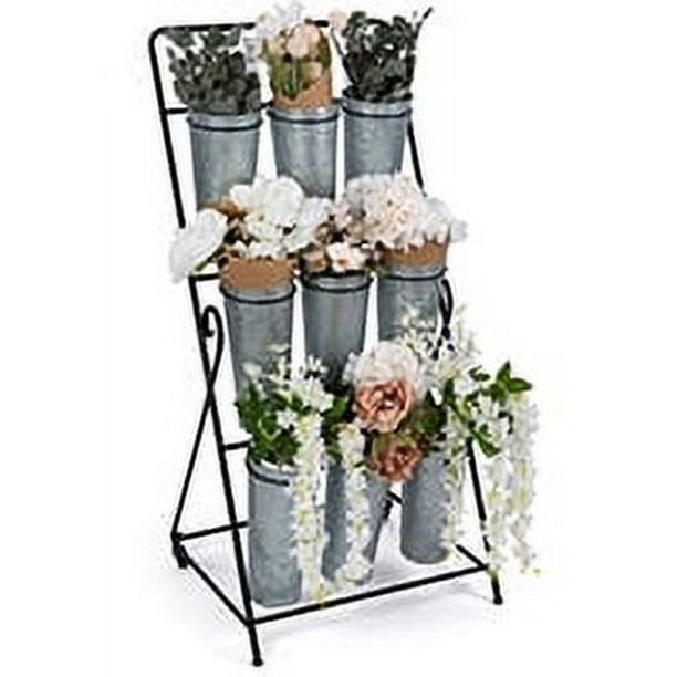 Displays2go 50" H 3-Tier Silver Rolling Flower Rack with 9 Galvanized ...