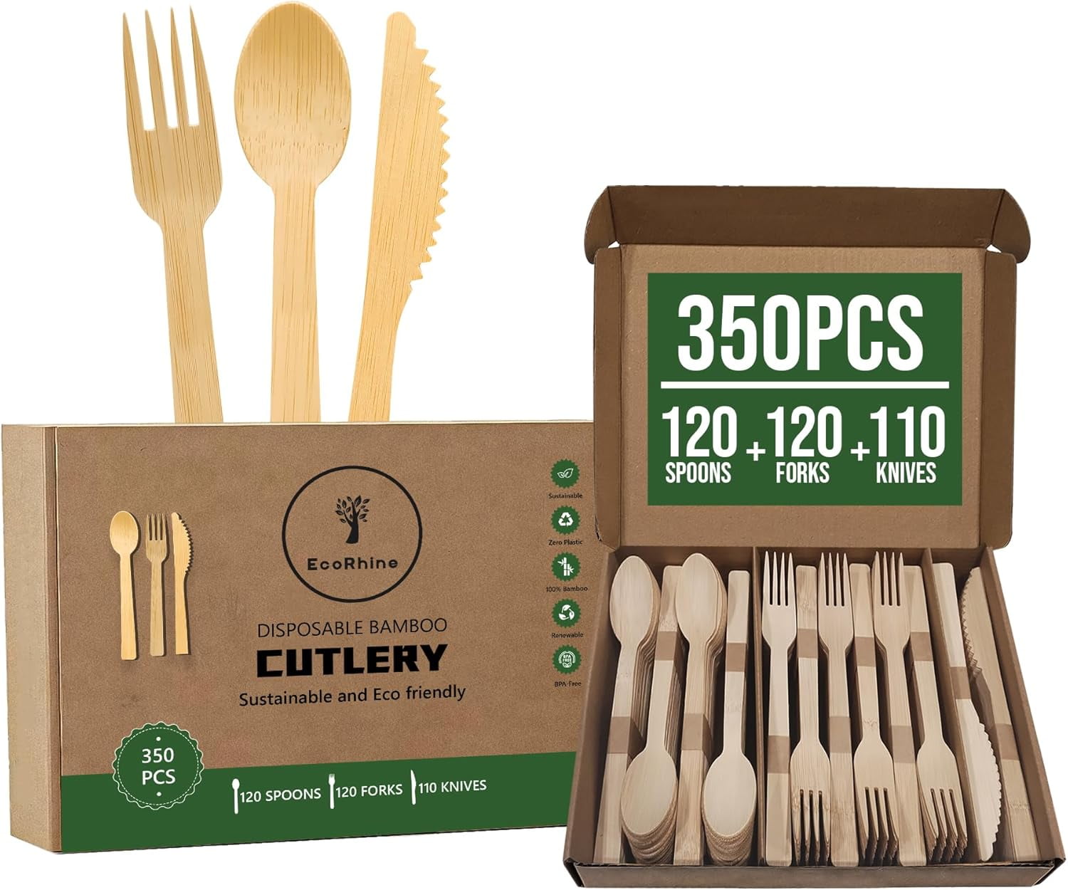 "Disposable Bamboo Cutlery Set - 350 PCS Bamboo Utensil Set with 120 ...
