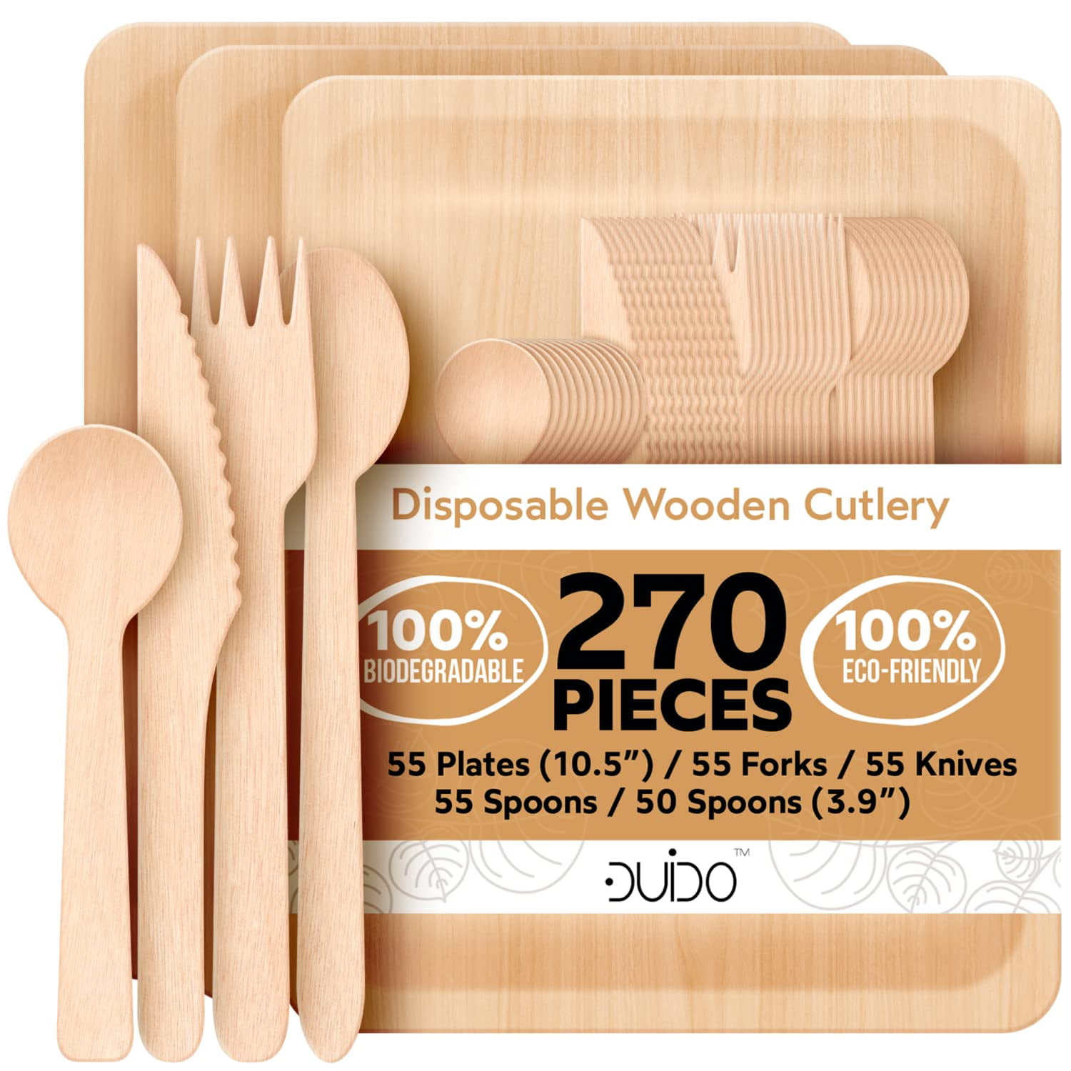 Disposable Biodegradable Plates and Wooden Cutlery - (Pack of 270) 55 ...