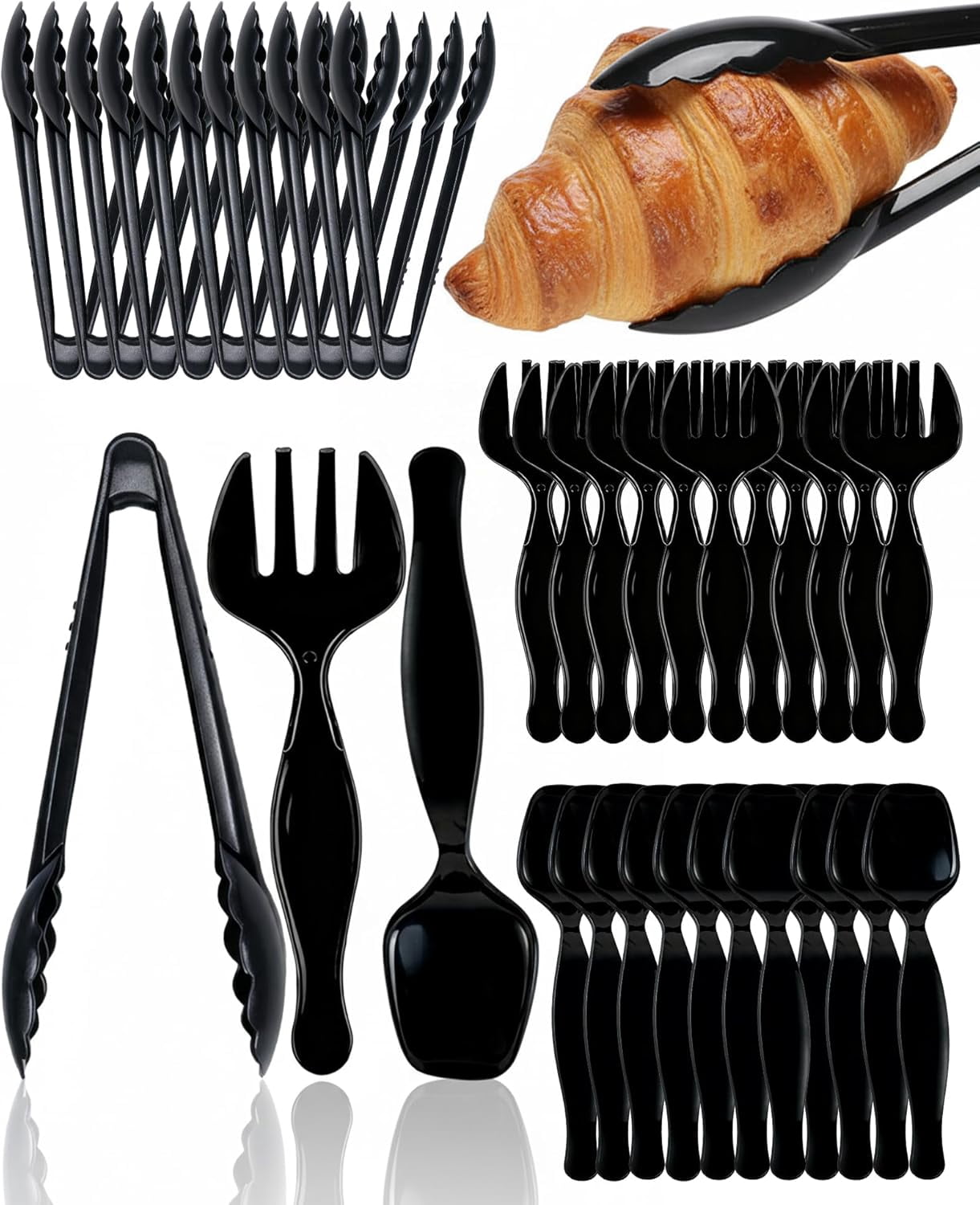 Disposable Black Plastic Spoons, Forks, Tongs | 12-Set (36 Pcs) Serving ...