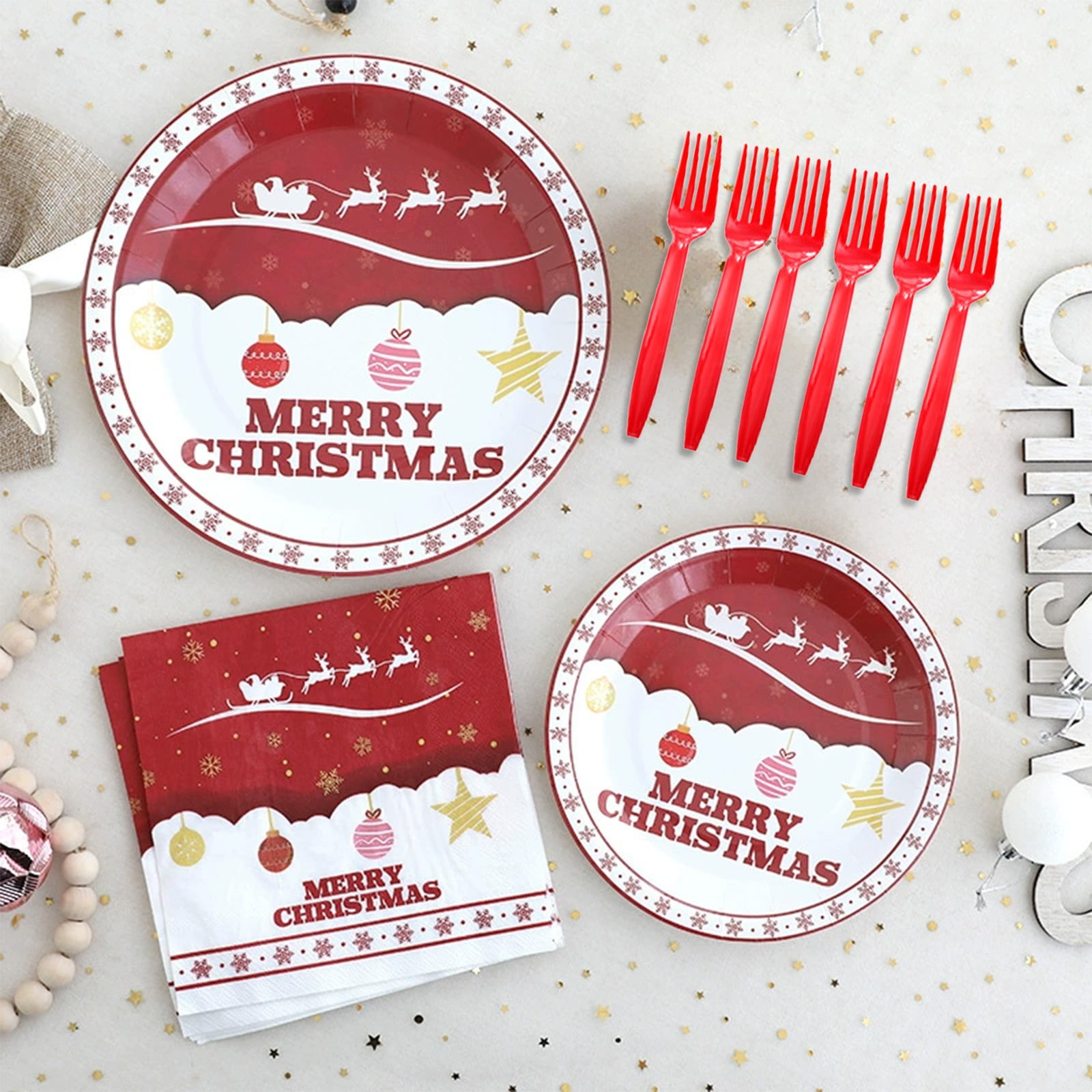 Disposable Christmas Dinnerware 50 Pieces, Red Paper Plates and Tissue ...