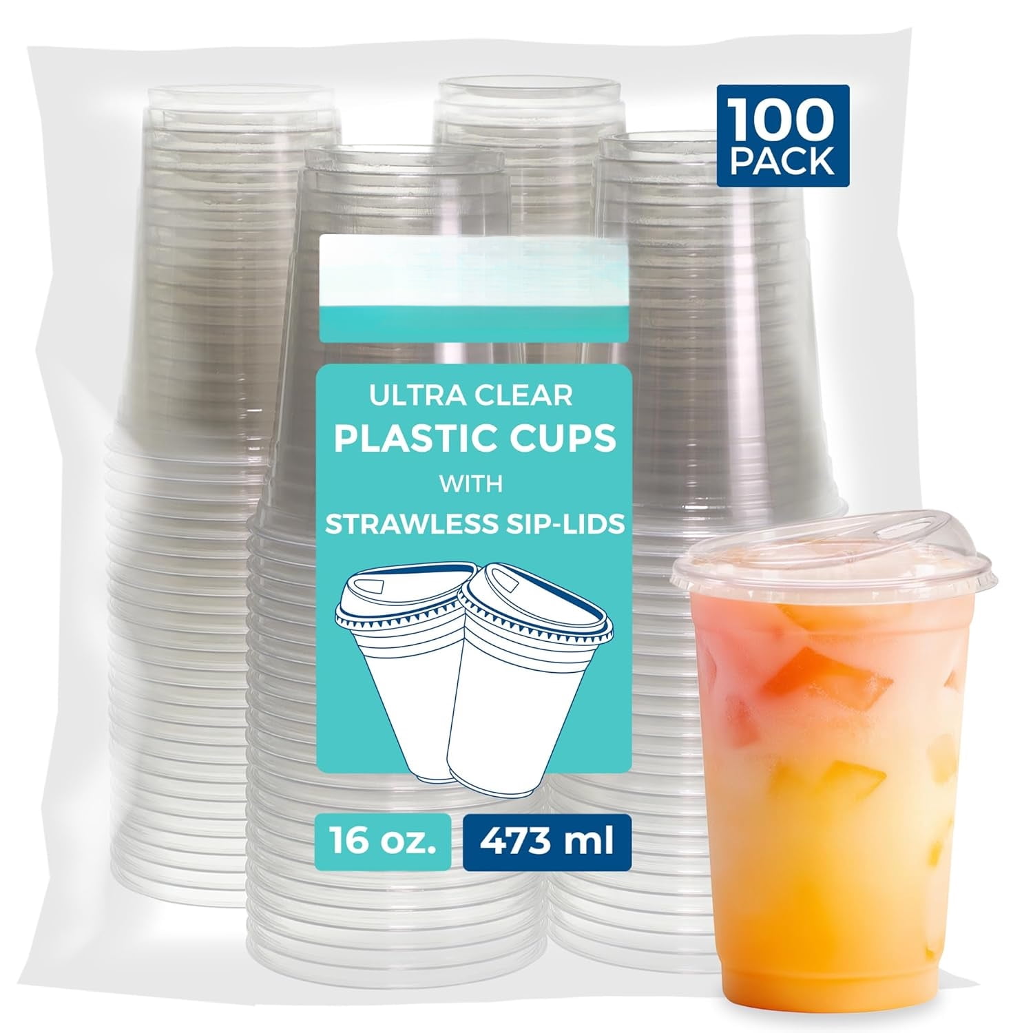 Disposable Clear Plastic Cups with Strawless Sip Lids [100 Cups - 12 oz ...
