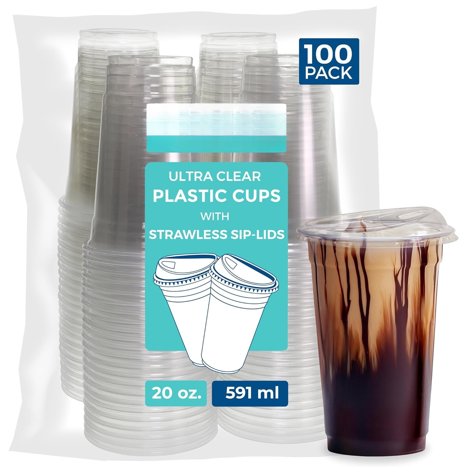 Disposable Clear Plastic Cups with Strawless Sip Lids [100 Cups - 12 oz ...