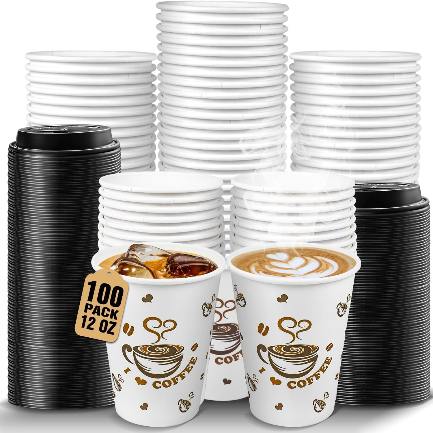 Disposable Coffee Cups with Lids 12 oz 100 Pack, To Go Paper Coffee Cup ...