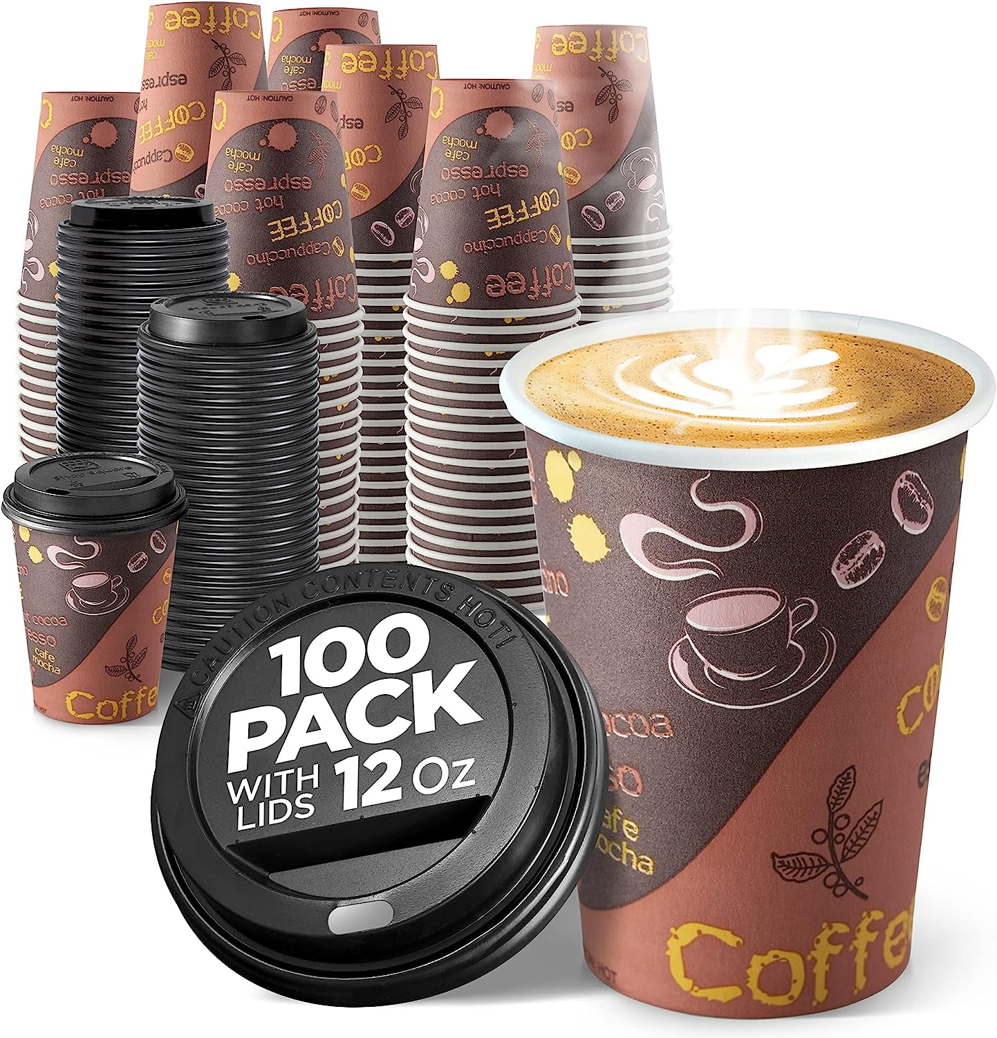 Disposable Coffee Cups with Lids 12 oz (100 Pack) - To Go Paper for Hot ...