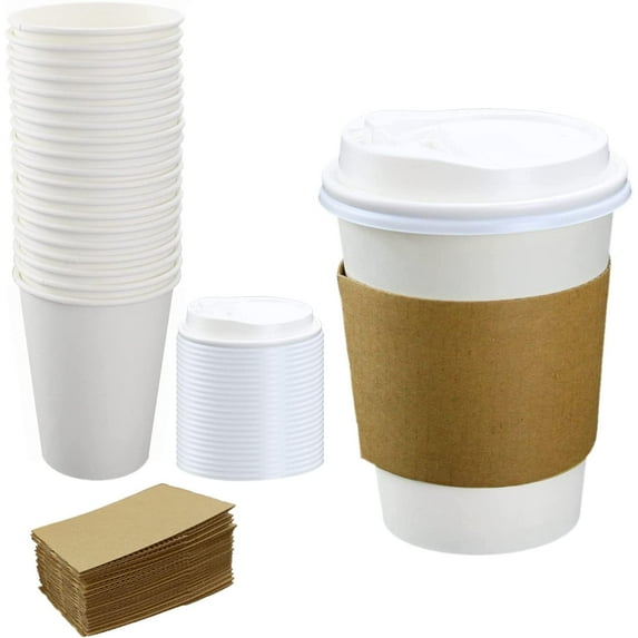 Disposable Coffee Cups with Lids, 12 oz 20 pcs White Paper Coffee Cups ...