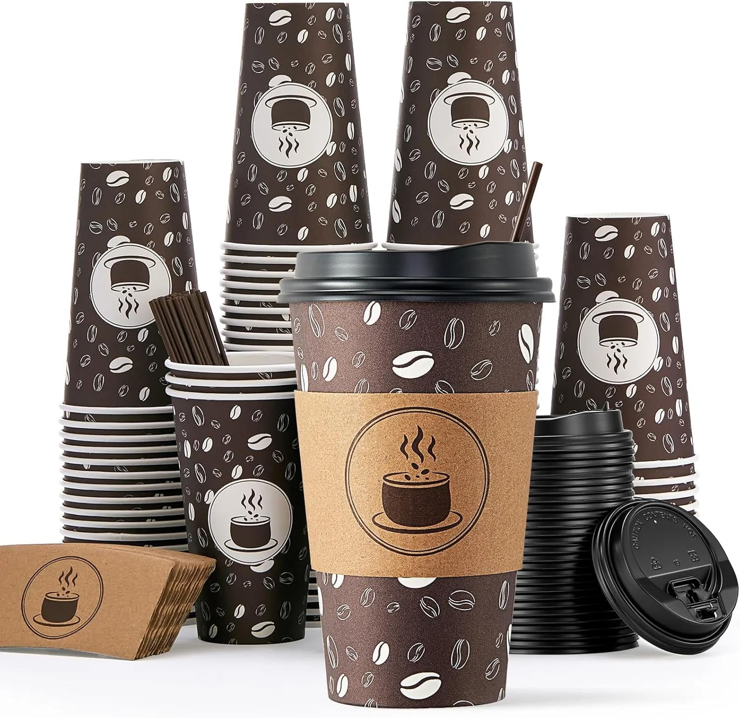 Disposable Coffee Cups with , Sleeves and Straws - 12oz(100 ) Paper ...