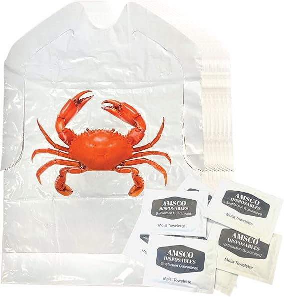 Disposable Crab Bibs for Adults with Wet Wipe Moist Towelettes, 50 Pc ...