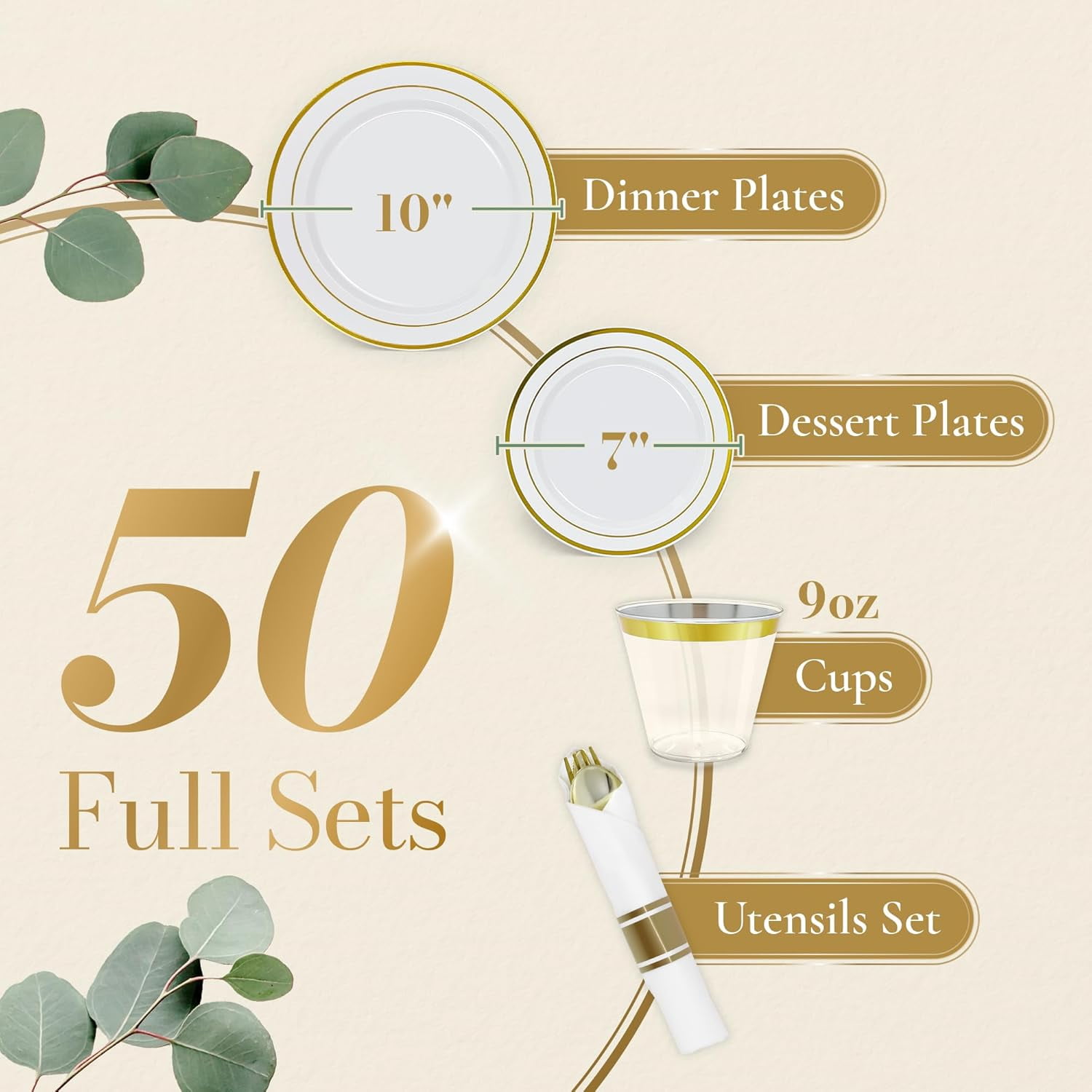 Disposable Dinnerware Set for 50 Guests - 350 Pieces with Gold Rim ...