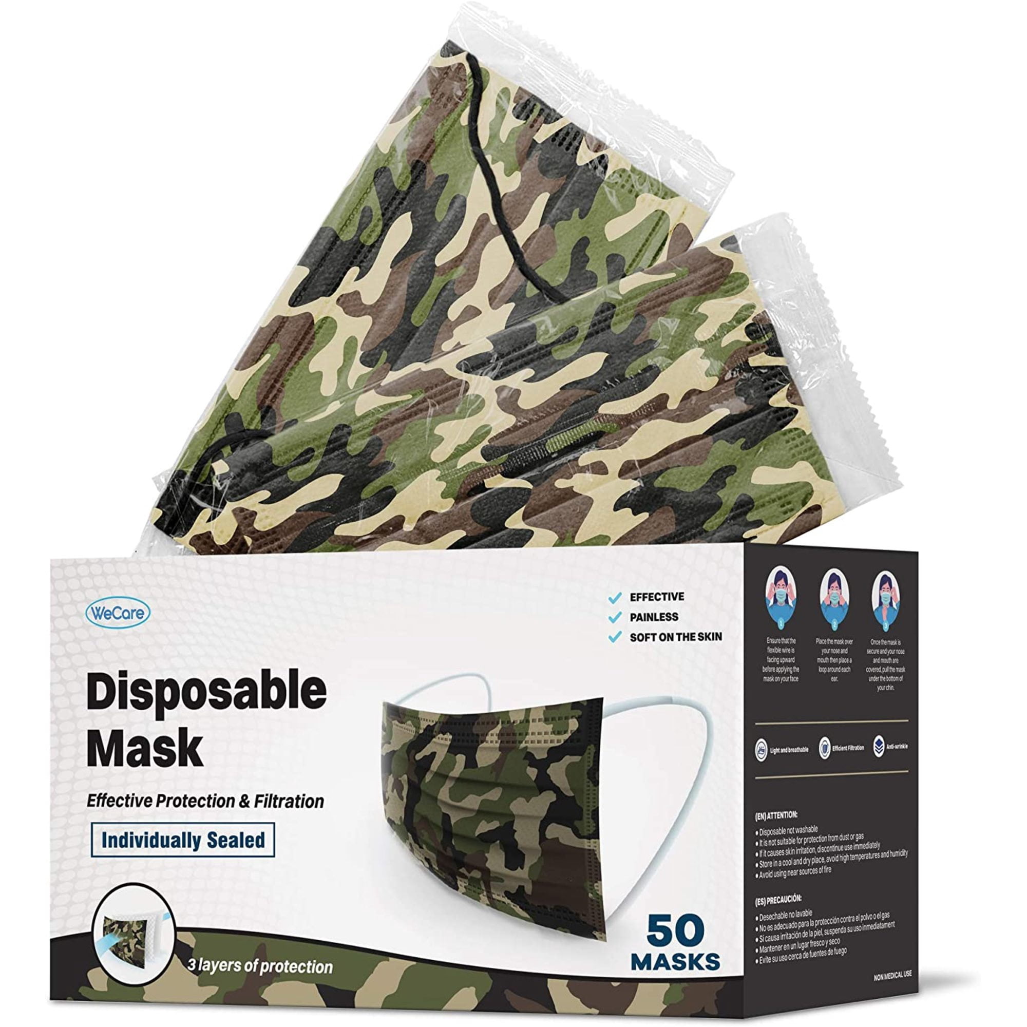 Disposable Face Mask, 3-Ply with Ear Loop (50 Individually Wrapped ...