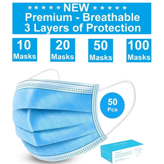 Protective Facial Disposable Face Mask - 50 Pack, 3-ply Elastic Ear ...
