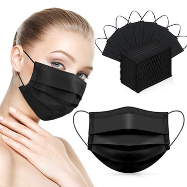 Protective Adult Black Disposable Face Masks, 3-ply Breathable, Elastic ...
