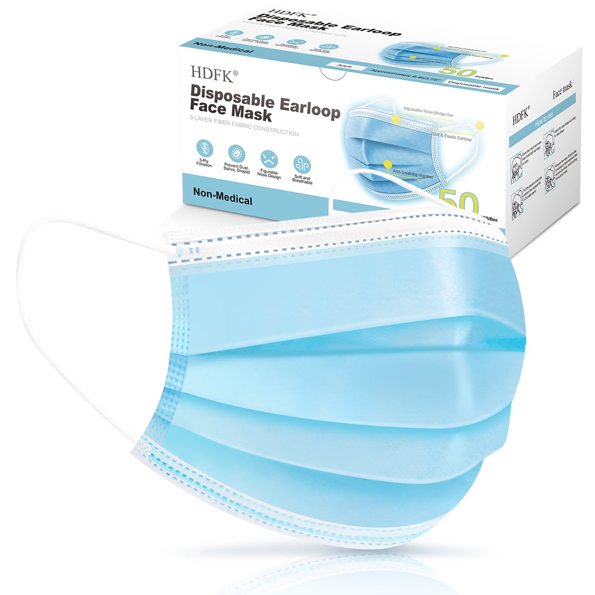 HDFK Unisex 3-Ply Disposable Facial Mask with Ear Loops, Breathable, 50 ...