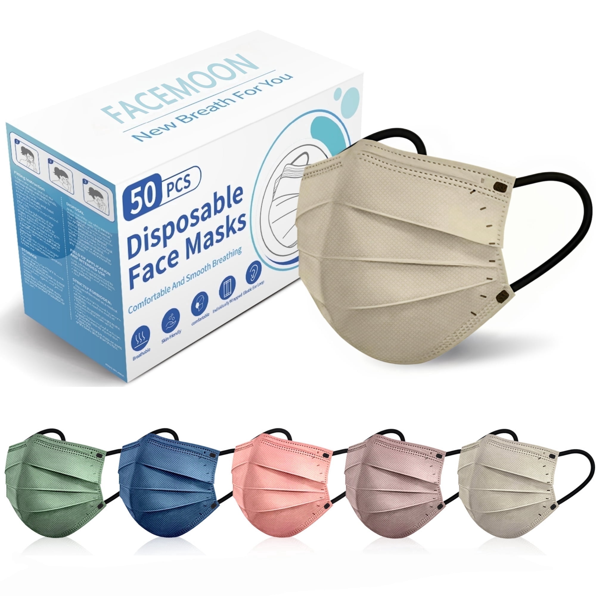 FACEMOON 50 Pack 4-Ply Disposable Face Masks, Individually Wrapped ...