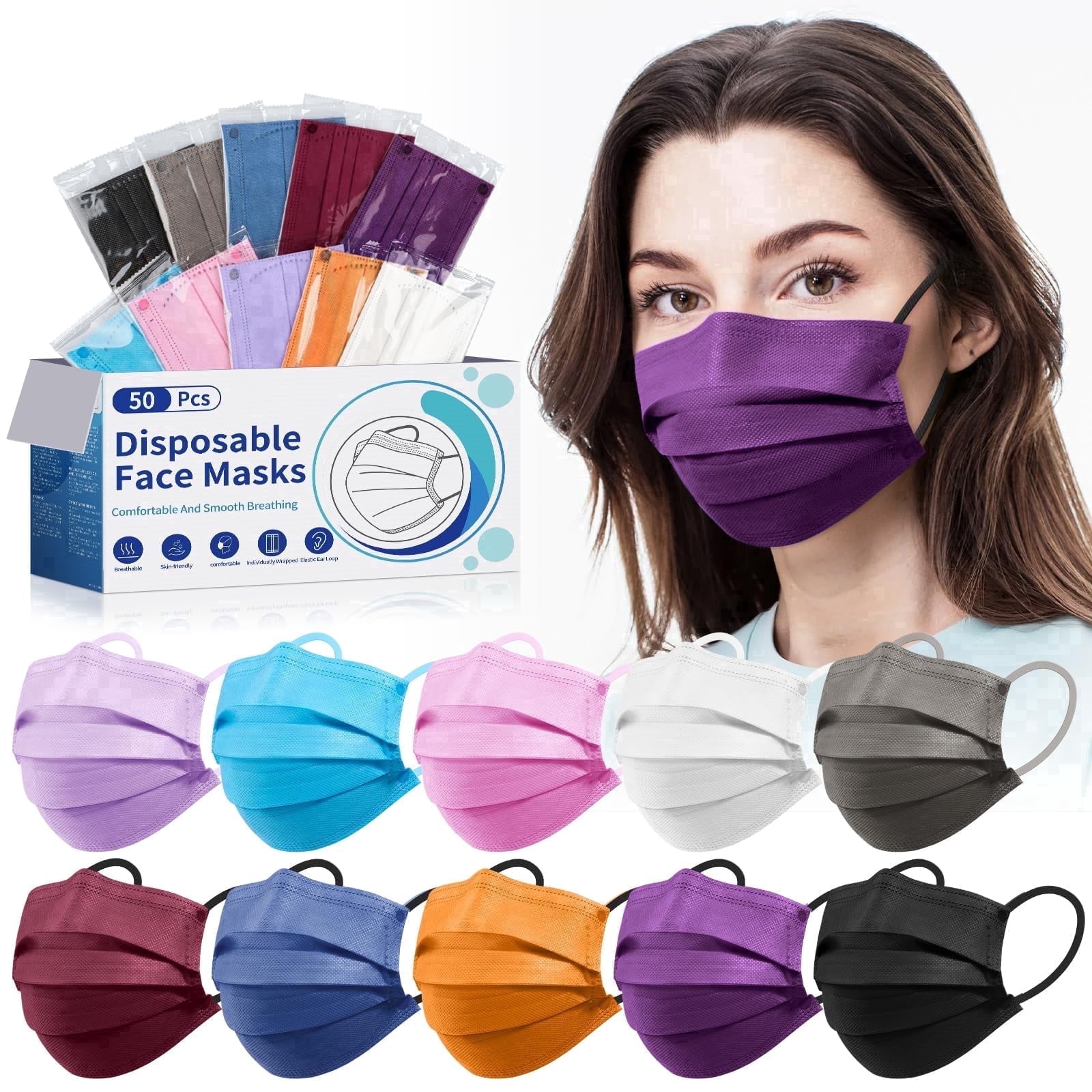 FACEMOON, Disposable Face Mask, 50 Pack, 4 Ply Breathable & Safe ...