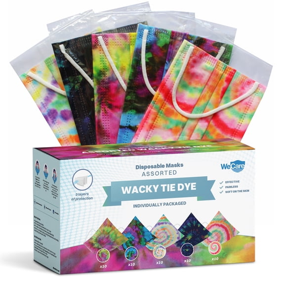 WeCare Disposable Face Masks, 3-Ply, Tie Dye Design, Individually ...