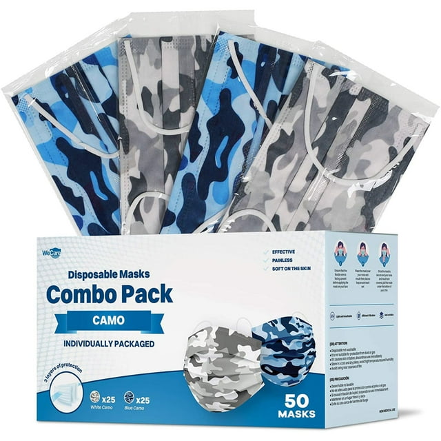 Disposable Face Masks 3-Ply Individually Wrapped , 50ct - Combo Pack ...